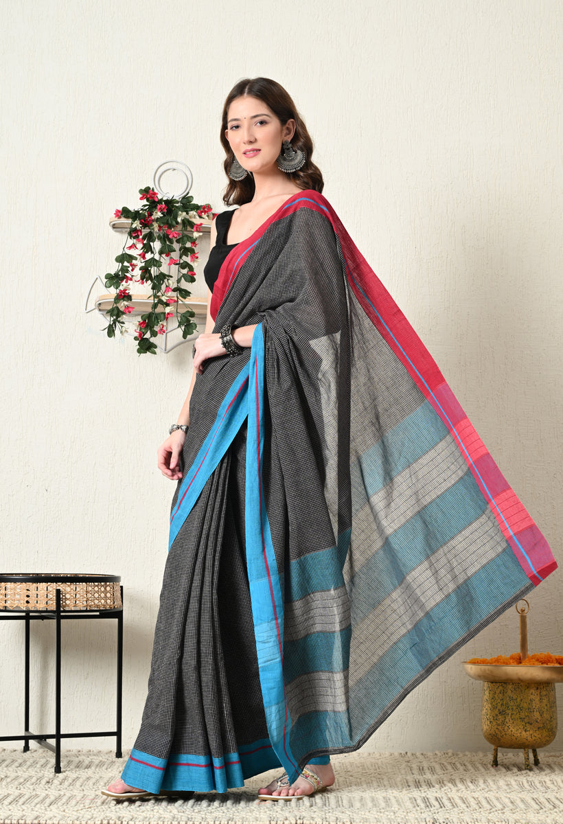 Nimeesha Handwoven Patteda Anchu Cotton Checked Saree - Black– Swapna ...