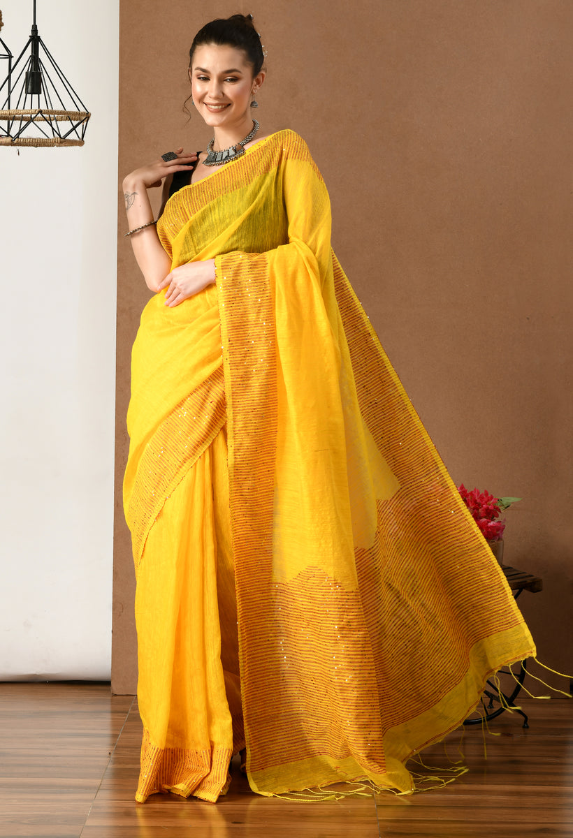 Yellow Matka Silk Saree with Sequins work– Swapna Creation