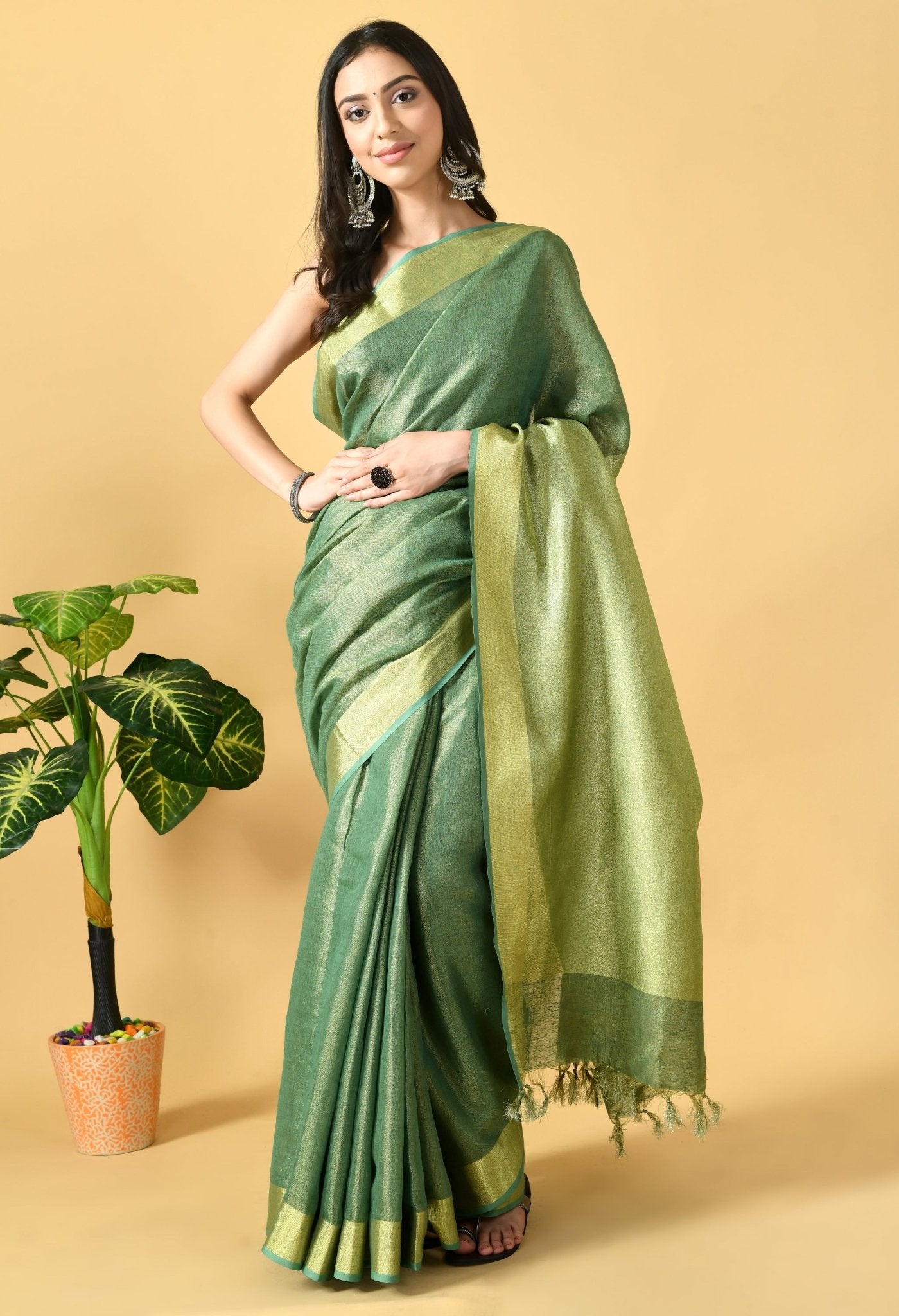 Green Tissue linen Saree With Golden Zari Border– Swapna Creation