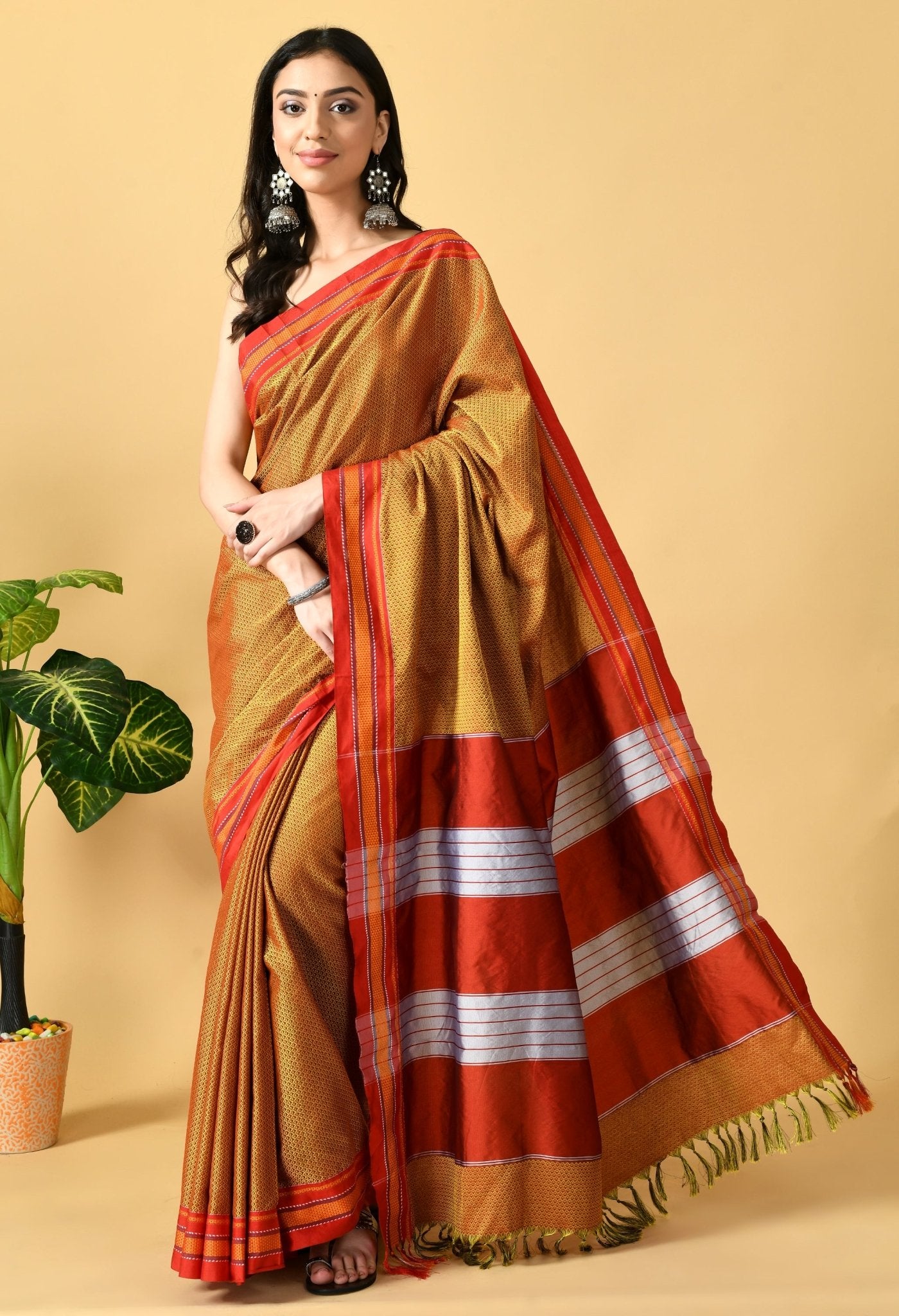 Ocher Yellow Khunn Saree with Patti Pallu and Red Border– Swapna Creation