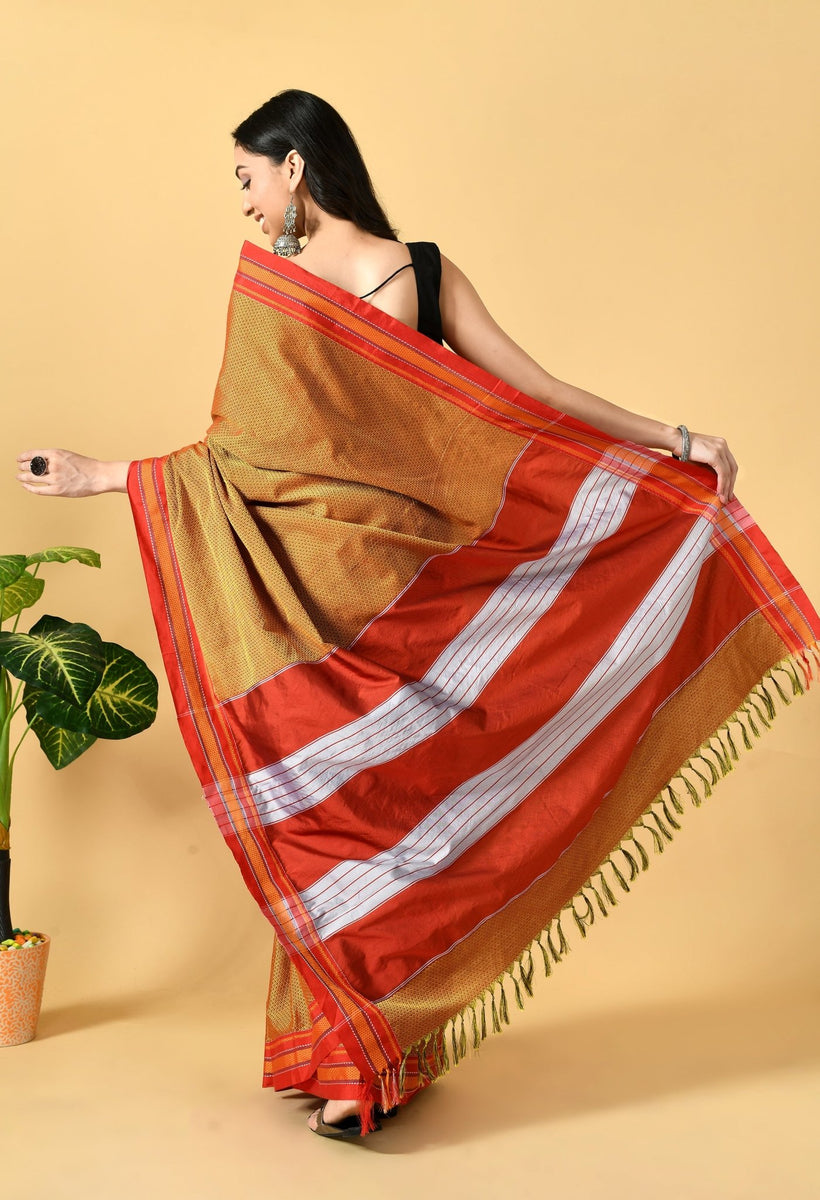 Ocher Yellow Khunn Saree with Patti Pallu and Red Border– Swapna Creation