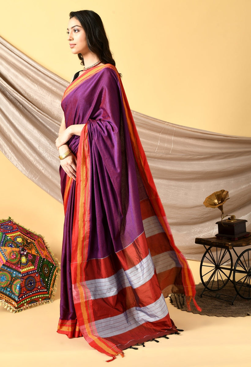 Purple Khunn Saree with Patti Pallu and Red Border– Swapna Creation